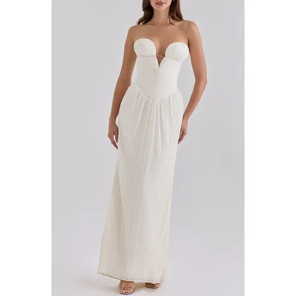 House Of Cb Valeriana Strapless Pleated Chiffon Gown - White