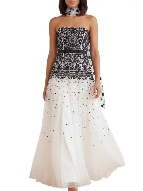 NEEDLE & THREAD Romantic Lace Strapless Ball Gown - Chalk/graphite