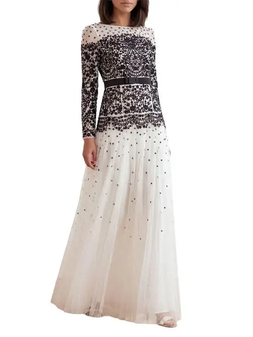 NEEDLE & THREAD Gilded Lace Long Sleeve Maxi Gown - Chalk/graphite