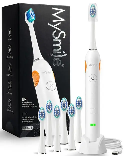 MYSMILE Uc605 Elite Sonic Electric Toothbrush With 6 Brush Heads - White