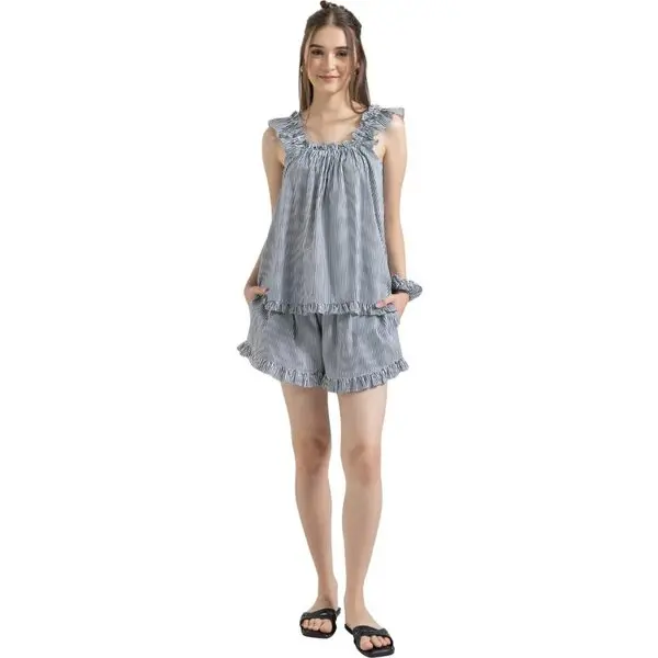 ME AND LIA Stella Lounge Set Striped Cotton Frill Top And Shorts - Navy
