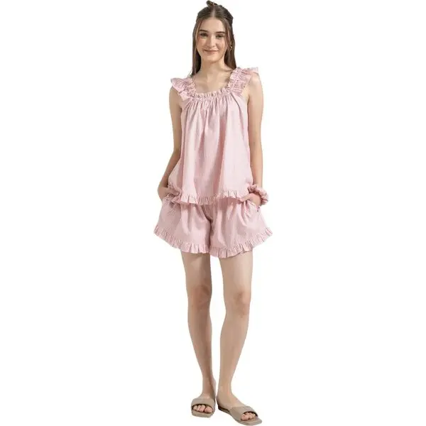 ME AND LIA Stella Lounge Set Striped Cotton Frill Top And Shorts - Pink