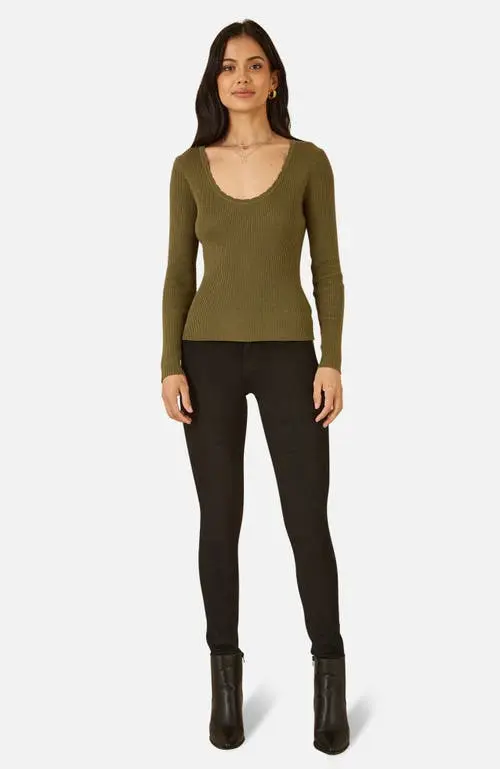 YUMI Metallic Knitted Ribbed Top - Olive Green