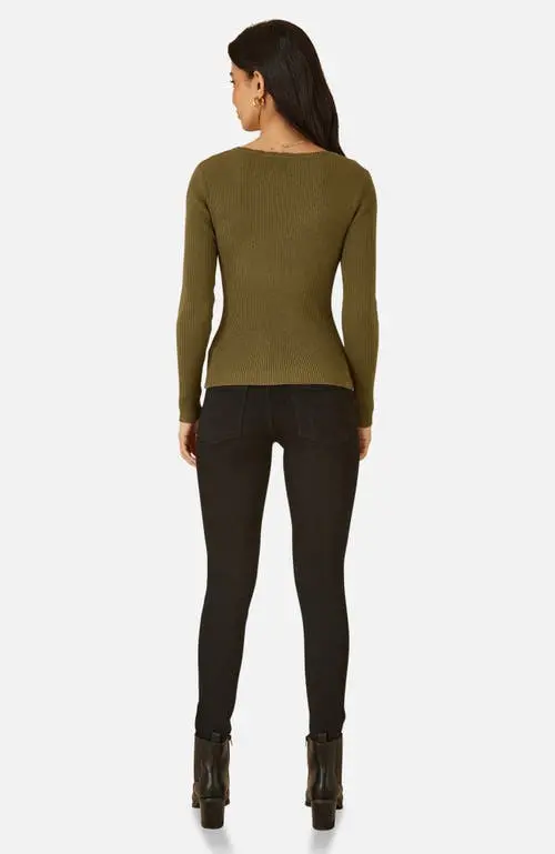 YUMI Metallic Knitted Ribbed Top - Olive Green