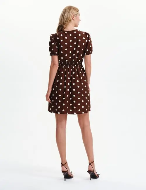FINERY LONDON Meadow Polka Dot Cotton Short Dress - Brown Spot