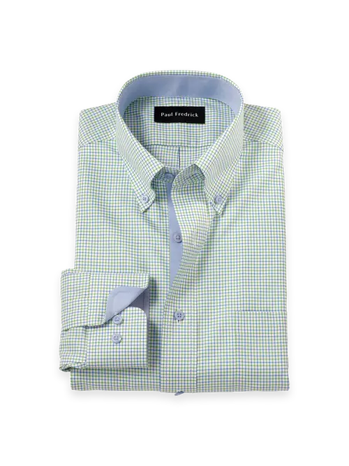 PAUL FREDRICK Cotton Poly Spandex Buttondown Collar Twill Slim Contrast Trim Button Cuff Long Sleeve - Blue/green