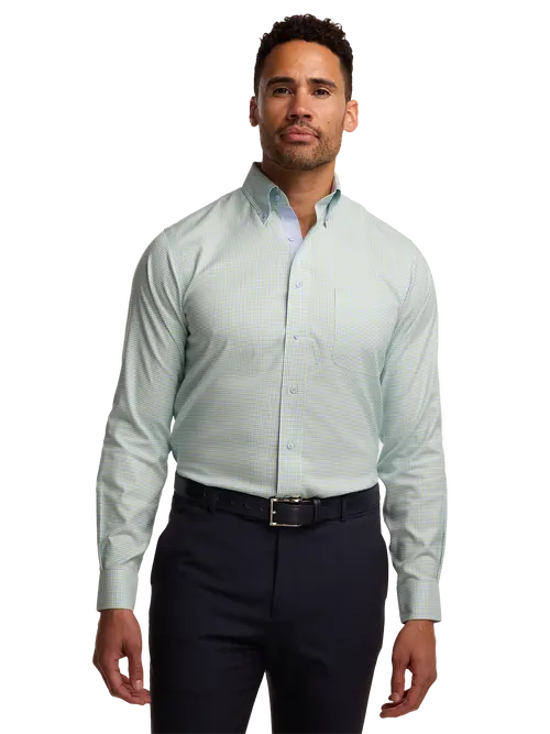 PAUL FREDRICK Cotton Poly Spandex Buttondown Collar Twill Slim Contrast Trim Button Cuff Long Sleeve - Blue/green