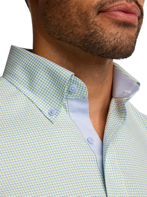 PAUL FREDRICK Cotton Poly Spandex Buttondown Collar Twill Slim Contrast Trim Button Cuff Long Sleeve - Blue/green