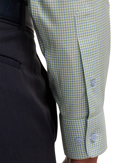 PAUL FREDRICK Cotton Poly Spandex Buttondown Collar Twill Slim Contrast Trim Button Cuff Long Sleeve - Blue/green