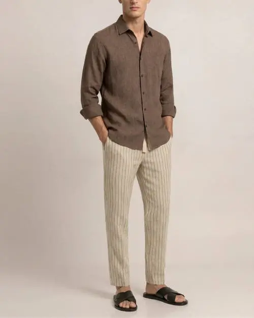 Orlebar Brown Giles Lino Tailored Fit Italian Linen Shirt - Espresso