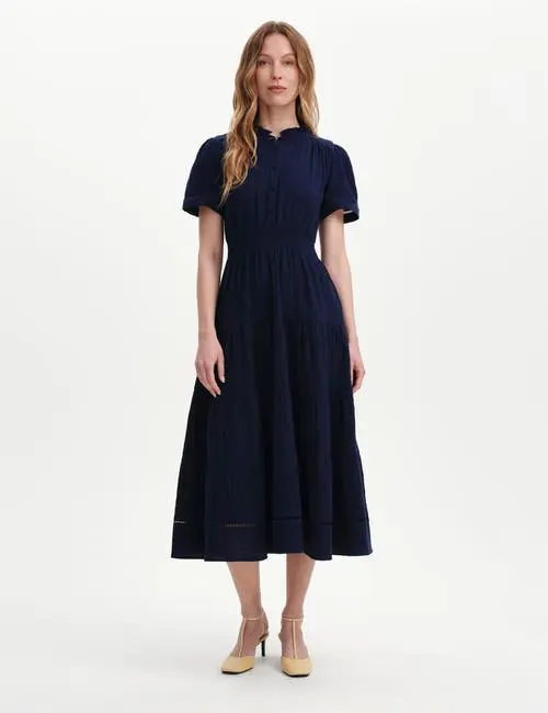 FINERY LONDON Petite Natalia Cheesecloth Midi Dress - Navy