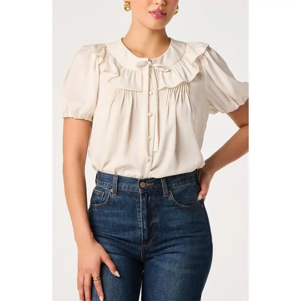 Astr The Label Zayne Ruffle Satin Top - Champagne