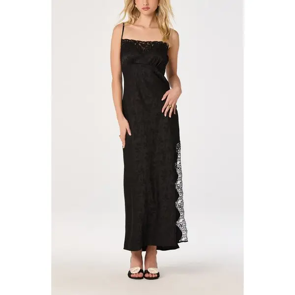 Astr The Label Kristian Lace Trim Floral Jacquard Midi Slipdress - Black