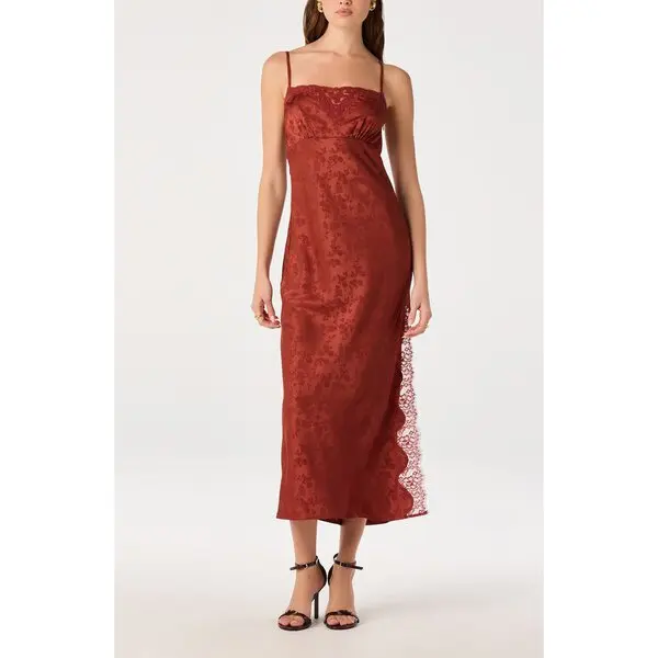 Astr The Label Kristian Lace Trim Floral Jacquard Midi Slipdress - Spice