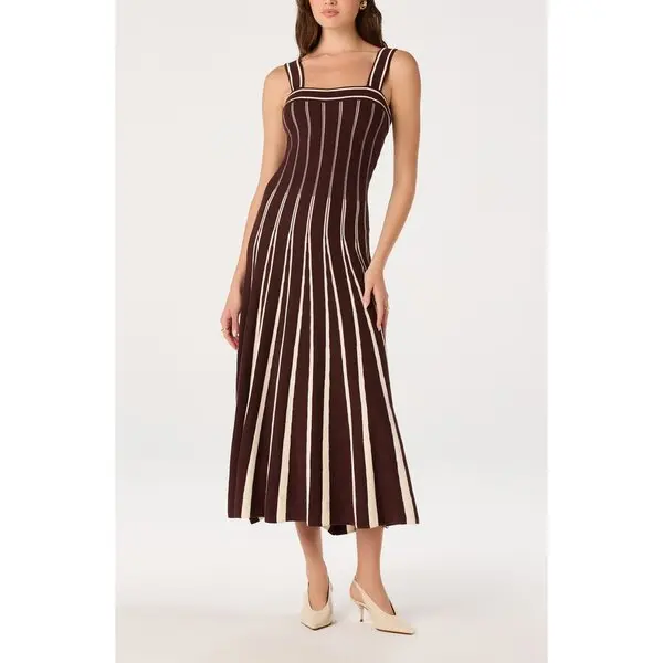 Astr The Label Marlen Striped Fit And Flare Midi Dress - Brown Cream