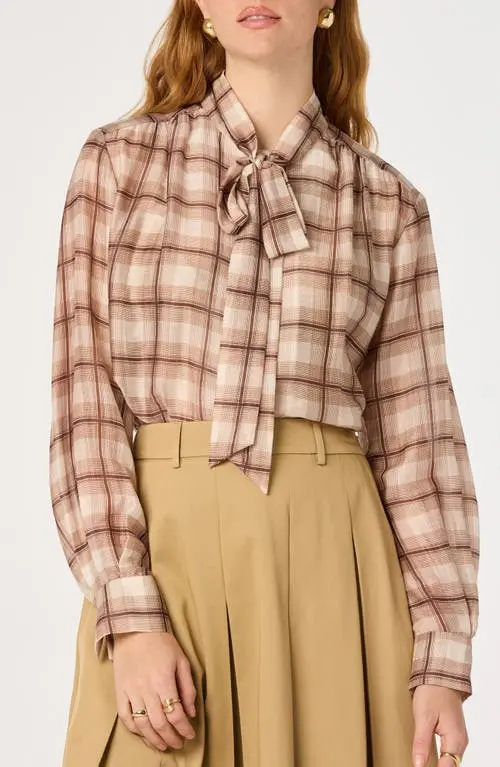 Astr The Label Mabry Tie Neck Long Sleeve Top - Brown Plaid