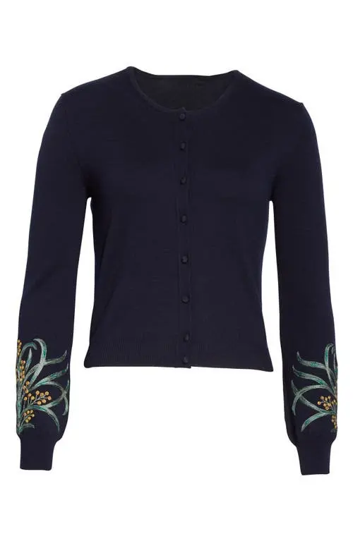 Oscar De La Renta Mimosa Stems Embroidered Wool Cardigan