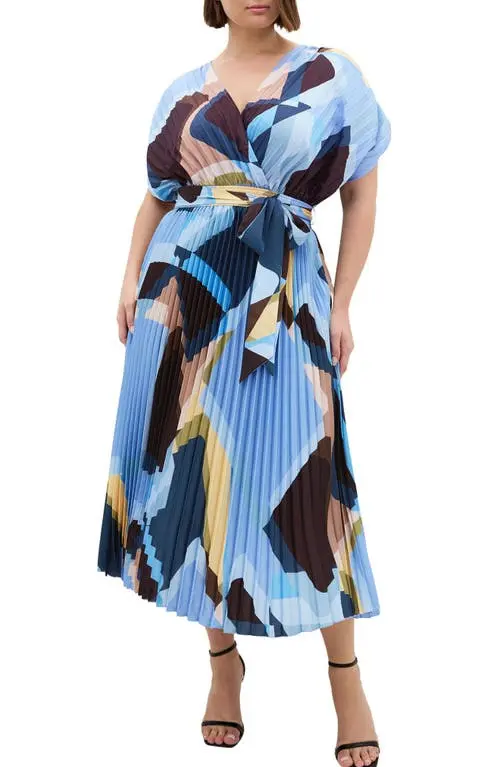 City Chic Hailey Geometric Print Pleated Maxi Dress - Blue Abstract
