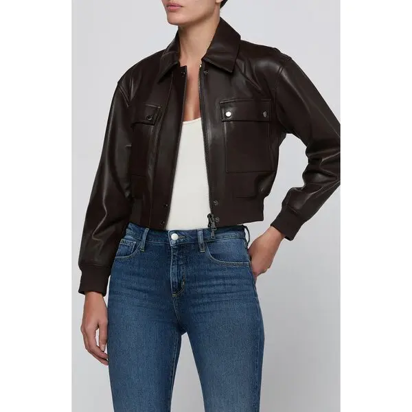 L'Agence Clotilde Leather Bomber Jacket - Brunette