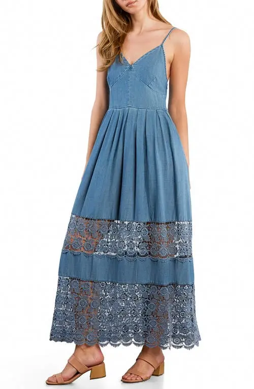 WASH LAB DENIM Light Veil Lace Inset Midi Dress - Denim Dusk