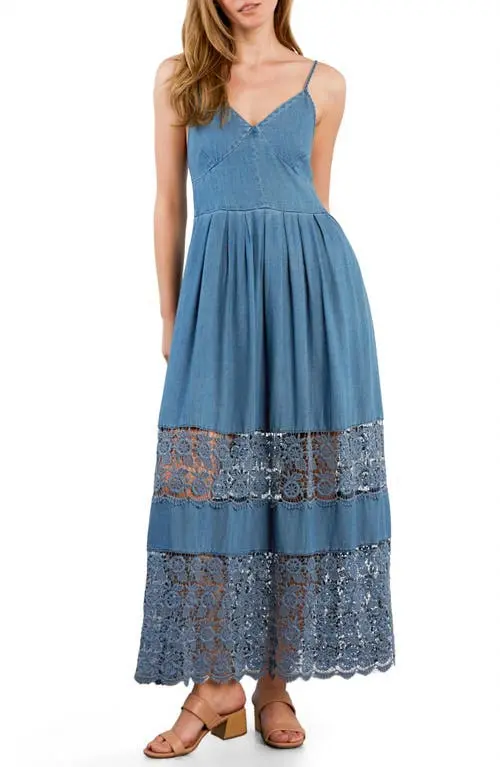 WASH LAB DENIM Light Veil Lace Inset Midi Dress - Denim Dusk