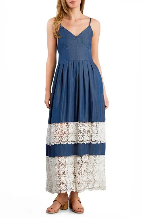 WASH LAB DENIM Light Veil Lace Inset Midi Dress - Denim
