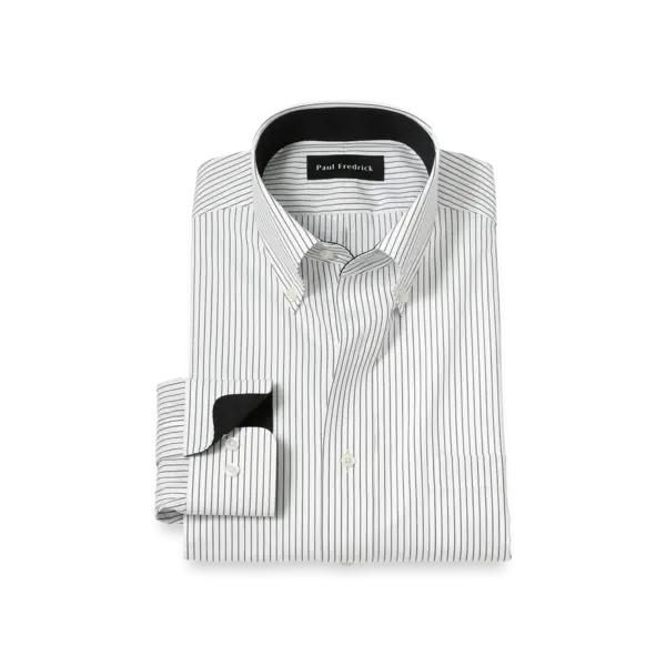 PAUL FREDRICK Cotton Buttondown Collar Broadcloth Classic Contrast Trim Button Cuff Long Sleeve Shirt - Black