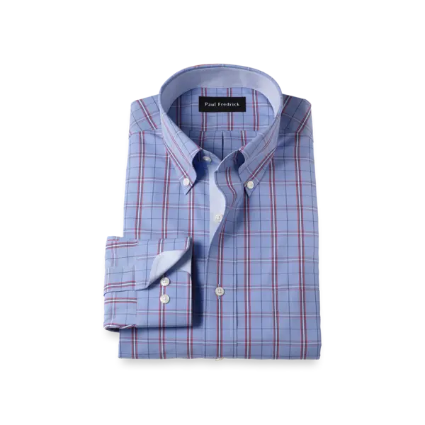 PAUL FREDRICK Cotton Buttondown Collar Poplin Tailored Contrast Trim Button Cuff Long Sleeve Shirt - Blue/red