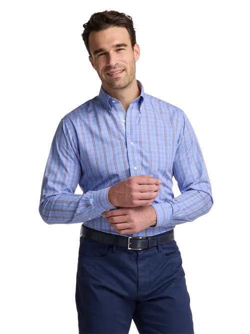 PAUL FREDRICK Cotton Buttondown Collar Poplin Tailored Contrast Trim Button Cuff Long Sleeve Shirt - Blue/red