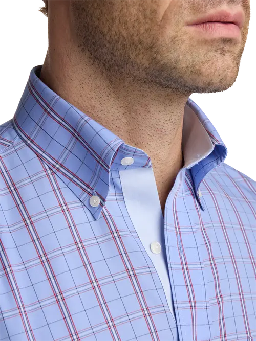 PAUL FREDRICK Cotton Buttondown Collar Poplin Tailored Contrast Trim Button Cuff Long Sleeve Shirt - Blue/red