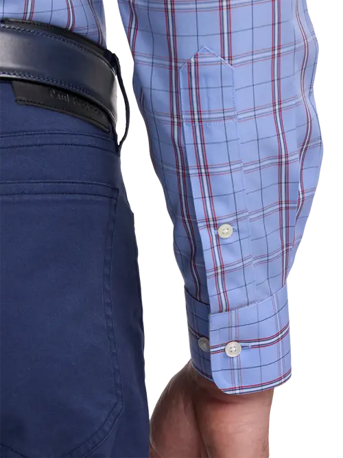 PAUL FREDRICK Cotton Buttondown Collar Poplin Tailored Contrast Trim Button Cuff Long Sleeve Shirt - Blue/red