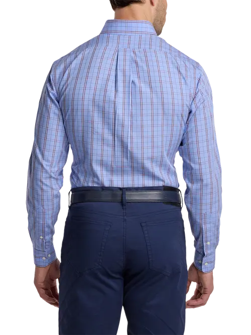 PAUL FREDRICK Cotton Buttondown Collar Poplin Tailored Contrast Trim Button Cuff Long Sleeve Shirt - Blue/red