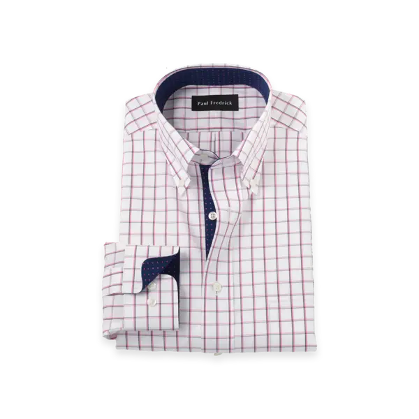 PAUL FREDRICK Cotton Buttondown Collar Poplin Tailored Contrast Trim Button Cuff Long Sleeve Shirt - Navy/pink