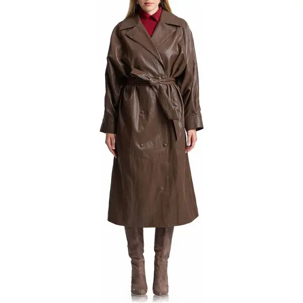 Avec Les Filles Shoulder Pad Faux Leather Long Coat - Haricot