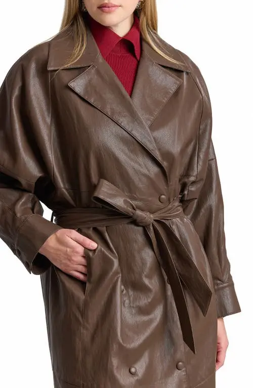 Avec Les Filles Shoulder Pad Faux Leather Long Coat - Haricot