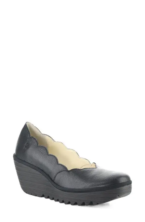 Fly London Yerk Wedge Pump - Black Smooth Leather