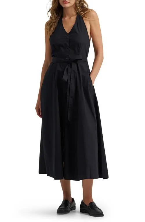 LEEM Button Front Cotton Halter Midi Dress