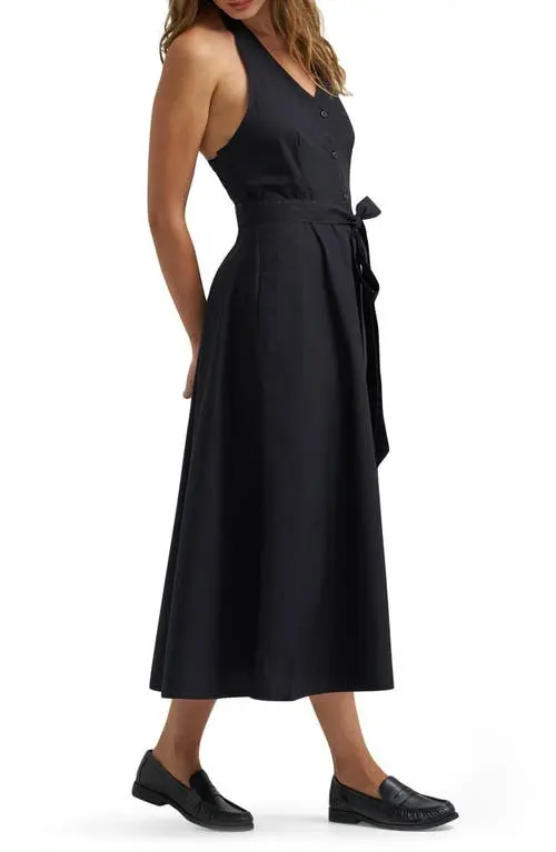 LEEM Button Front Cotton Halter Midi Dress