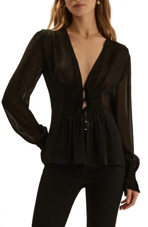 FAVORITE DAUGHTER One Last Time Smocked Tie Top - Black