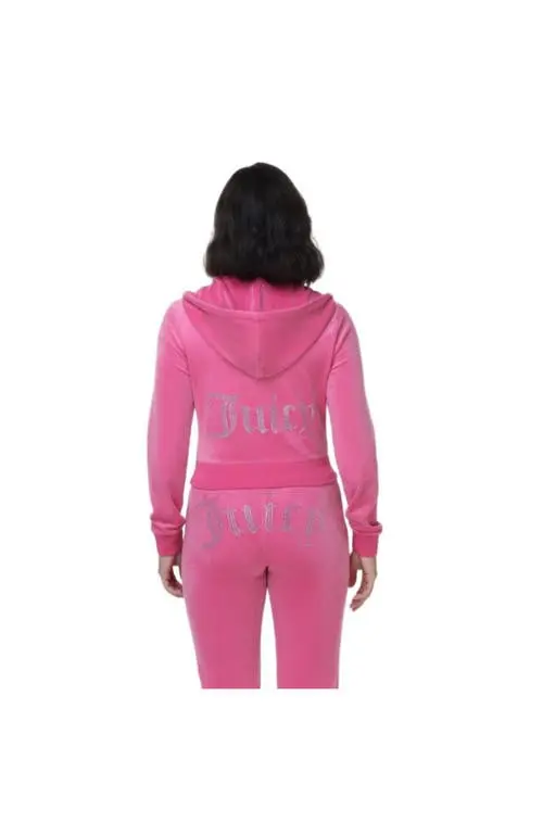Juicy Couture Luxe Velour Zip Hoodie With Rhinestone Embellishments - Bubblegum