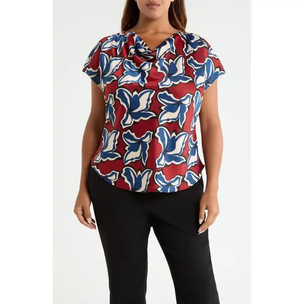 Anne Klein Floral Cowl Neck Top - Rust Multi