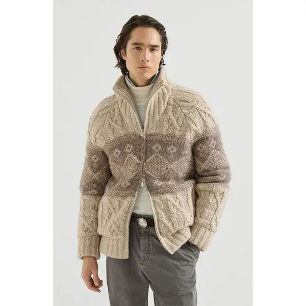 Brunello Cucinelli Virgin Wool, Silk, And Cashmere Chiné Cable Knit Down Jacket