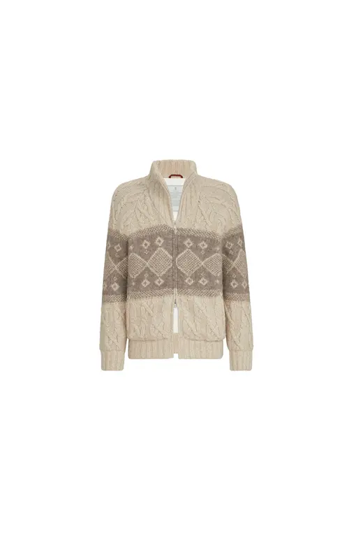 Brunello Cucinelli Virgin Wool, Silk, And Cashmere Chiné Cable Knit Down Jacket