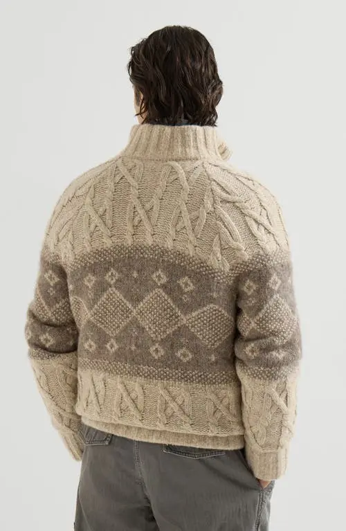 Brunello Cucinelli Virgin Wool, Silk, And Cashmere Chiné Cable Knit Down Jacket