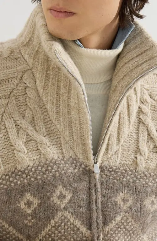 Brunello Cucinelli Virgin Wool, Silk, And Cashmere Chiné Cable Knit Down Jacket