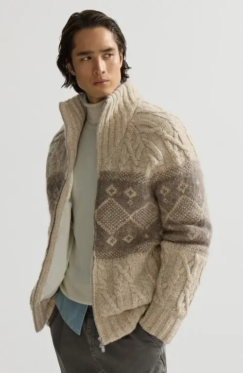 Brunello Cucinelli Virgin Wool, Silk, And Cashmere Chiné Cable Knit Down Jacket