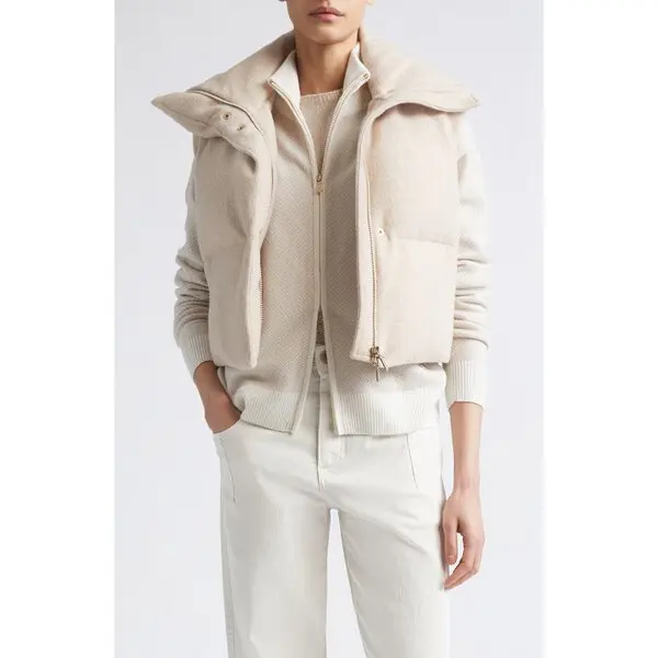 Eleventy High Neck Wool Mouliné Padded Down Vest - Sand