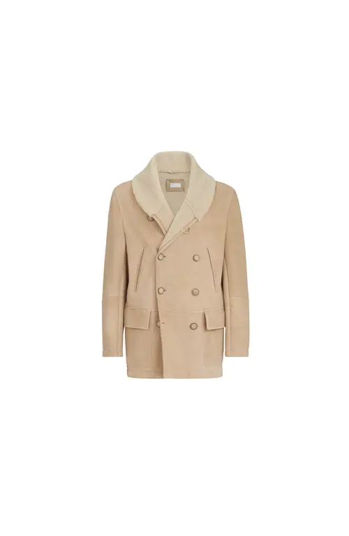 Brunello Cucinelli Suede Curly Shearling Pea Coat With Shawl Collar