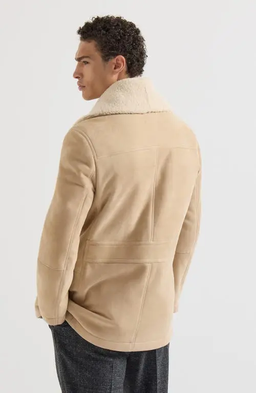Brunello Cucinelli Suede Curly Shearling Pea Coat With Shawl Collar
