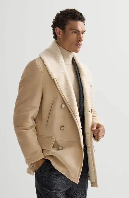 Brunello Cucinelli Suede Curly Shearling Pea Coat With Shawl Collar